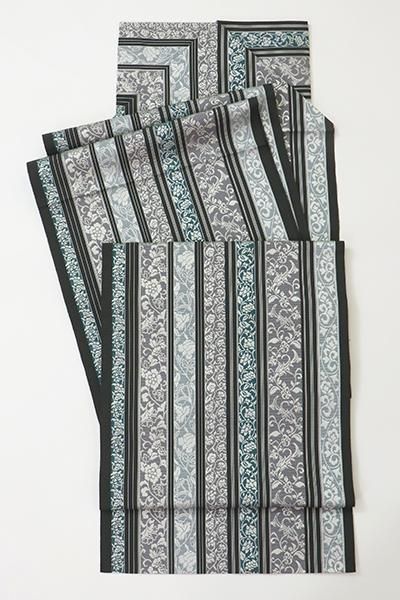 銀座【K-7421】博多織 八寸名古屋帯 深い青鈍色 縞に唐草文 銀座【K-7421】博多織 八寸名古屋帯 深い青鈍色 縞に唐草文