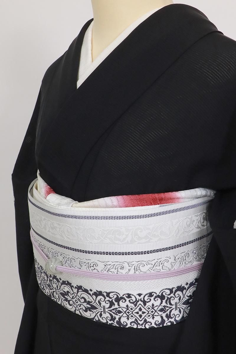 銀座【K-9883】本場筑前博多織 八寸名古屋帯 白色 縞に装飾文 銀座【K-9883】本場筑前博多織 八寸名古屋帯 白色 縞に装飾文