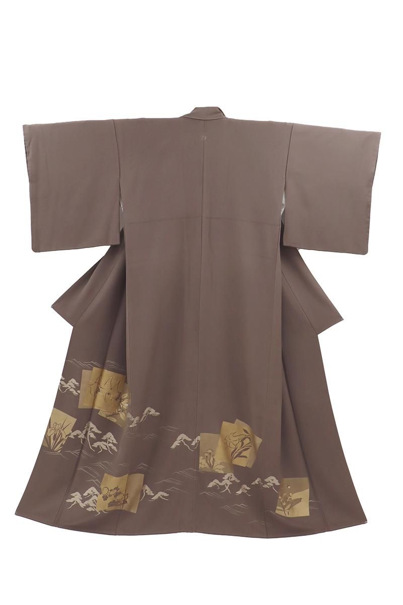 あおき【B-3827】繍一ッ紋 色留袖 茶色系 色紙に四季花の図 あおき【B-3827】繍一ッ紋 色留袖 茶色系 色紙に四季花の図